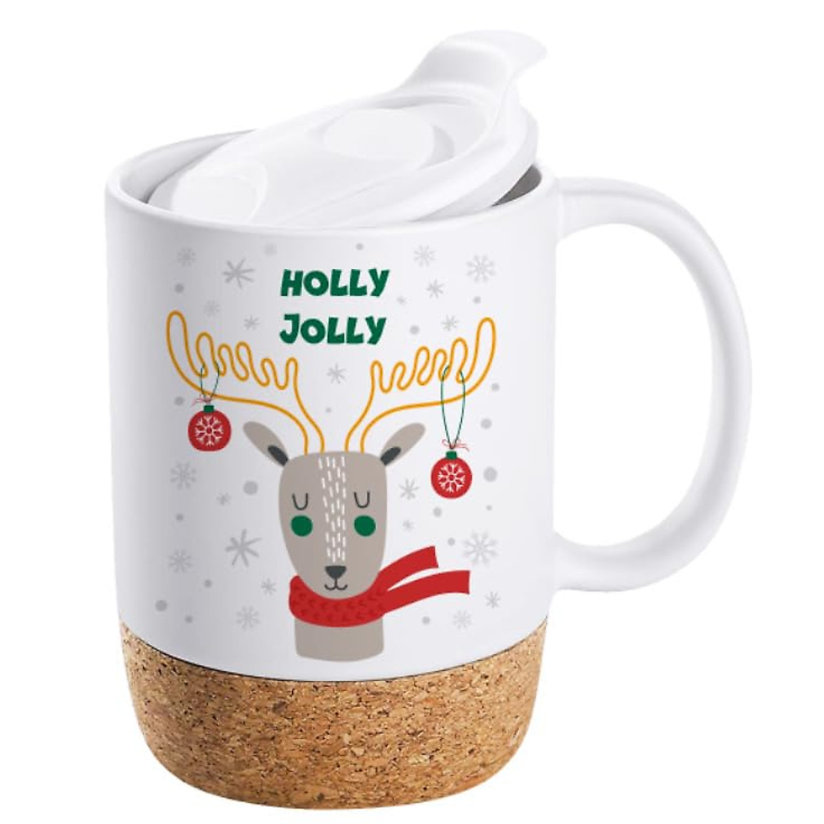ALLTHINGVB Ceramic Christmas Reindeer White Mug with Cork Base and PP Lid, Luxury Christmas Tea Mugs for Coffee, Hot Chocolate, Best Gift for your Love,Family, Friends.14 oz
