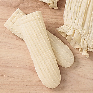 ZAXARRA Newborn Baby Girls Clothes Long Sleeve Button Front Ruffle Romper Socks Headband 3Pcs Set Fall Winter Outfits (Beige, 0-3 Months)