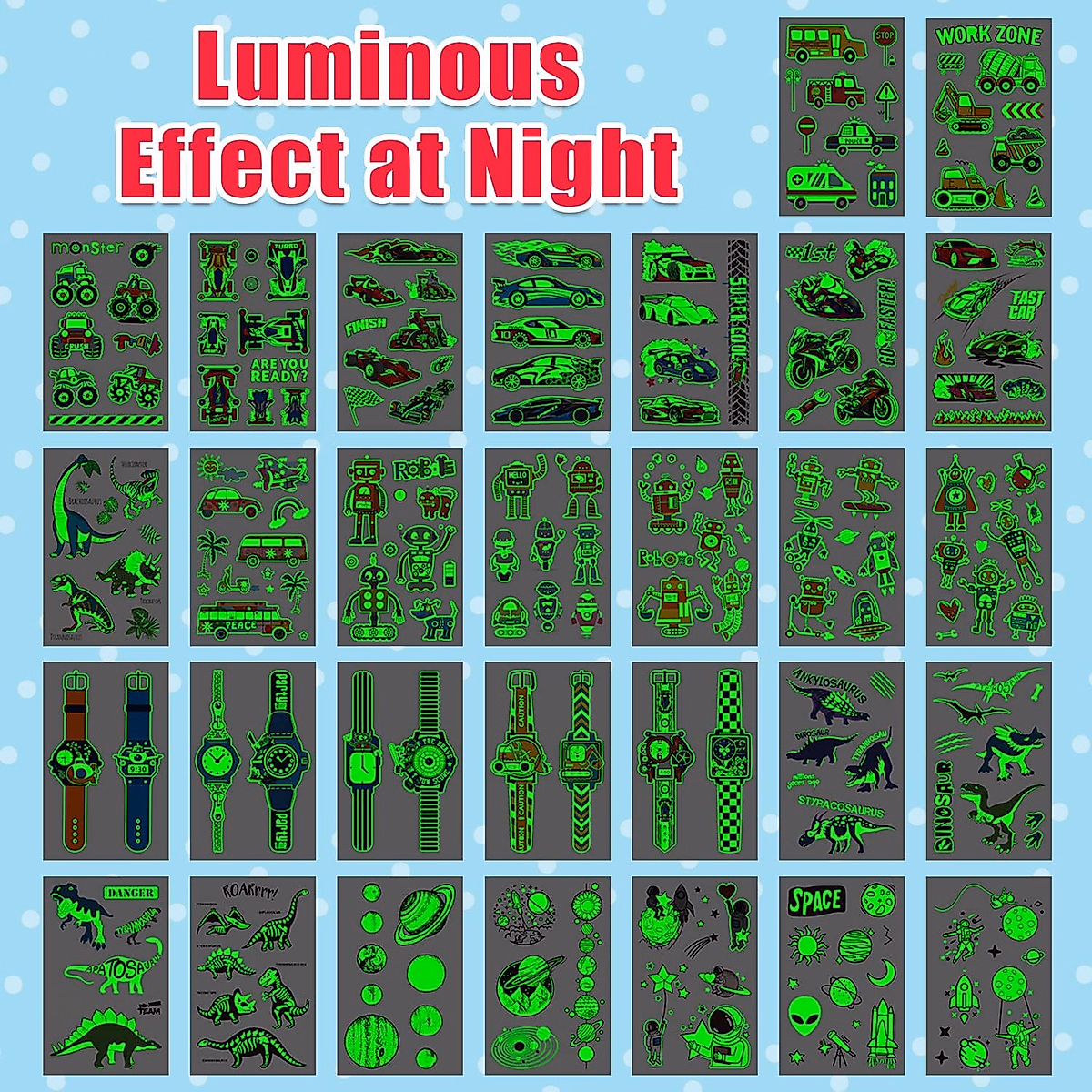 Leesgel 30 Sheets Mixed Styles Luminous Tattoos for Boys Kids, Kids Birthday Party Supplies Favors Decorations Gaming Toys, Water Proof Dinosaur/Car/Space/Robot Temporary Tattoo Stickers