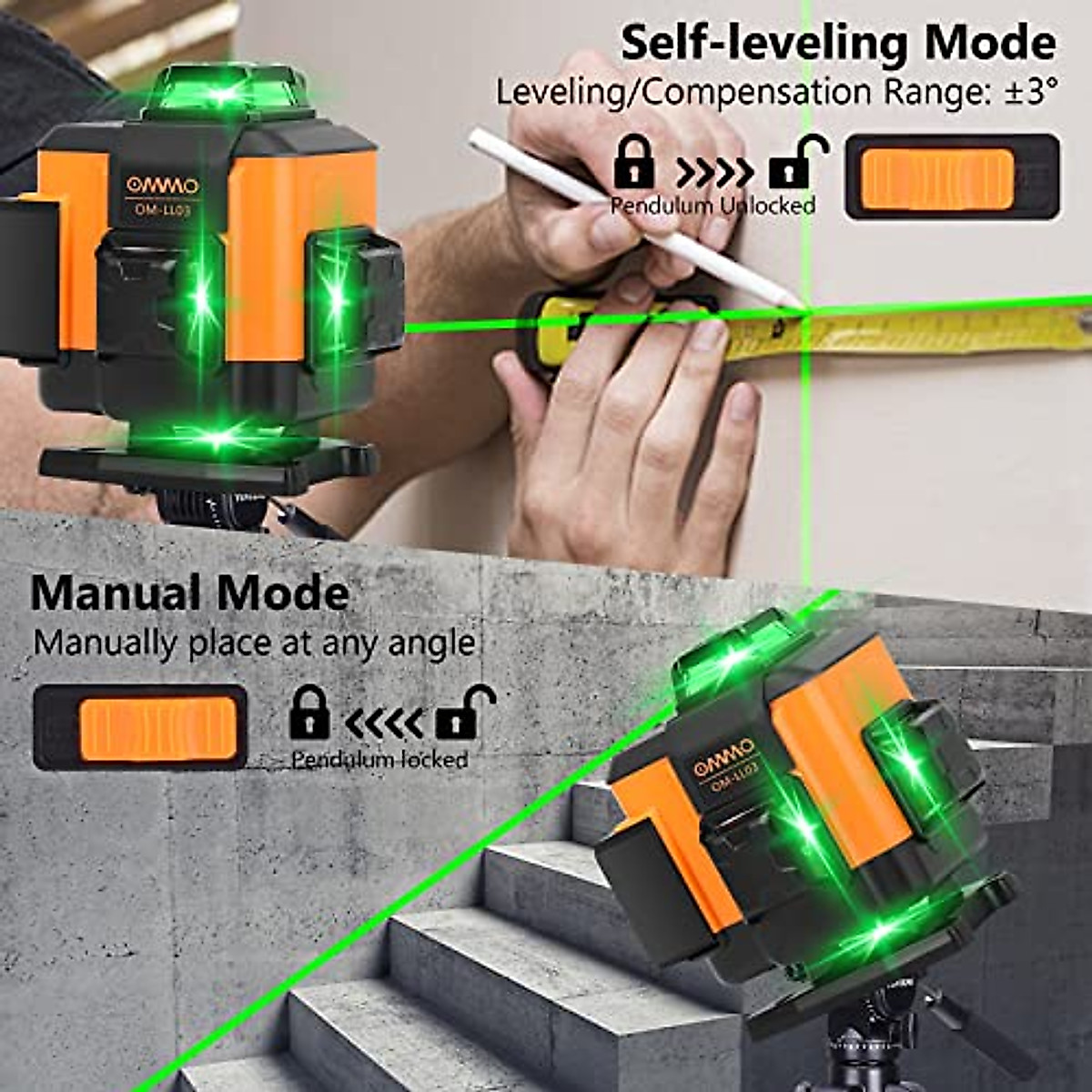 OMMO Laser Level, 16 Lines Green Laser Level Self Leveling Tool, 150ft Cross Line Laser Beam Tool, Two Vertical and Two Horizontal Lines with Wall Bracket/Remote Controller (16 Lines)