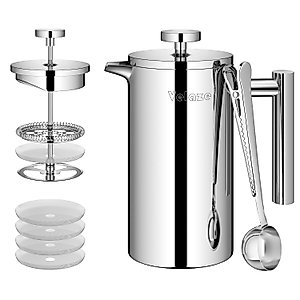 Velaze French Press Coffee Maker 34oz, Double Wall Insulated French Coffee Press Stainless Steel, 1L Coffee Maker Included 4 Extra Fliters and 1 Coffee Spoon