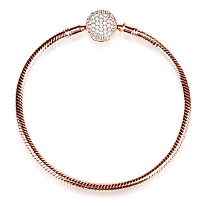 GNOCE Charm Bracelet Sterling Silver Rose Gold Plated DIY Snake Chain Endearing Gifts For Her Basic Charm Bracelet Dainty Bangle with Crystal Round Shape Clasp (2Rose Gold, 7.5)