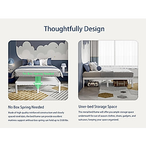 KZZLOL White Bed Frame Queen Size 16 Inch, Metal Queen Bed Frame No Box Spring Needed, Heavy Duty Steel Support 3500 LBS, DIY Headboard, Noiseless, Round Corner Legs, Storage Space, Easy Assembly