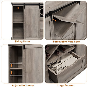 HOSTACK Farmhouse Buffet Sideboard, Coffee Bar Cabinet with Storage, Liquor Wine Cabinet with Sliding Barn Doors, Accent Storage Cabinet for Kitchen, Ash Grey