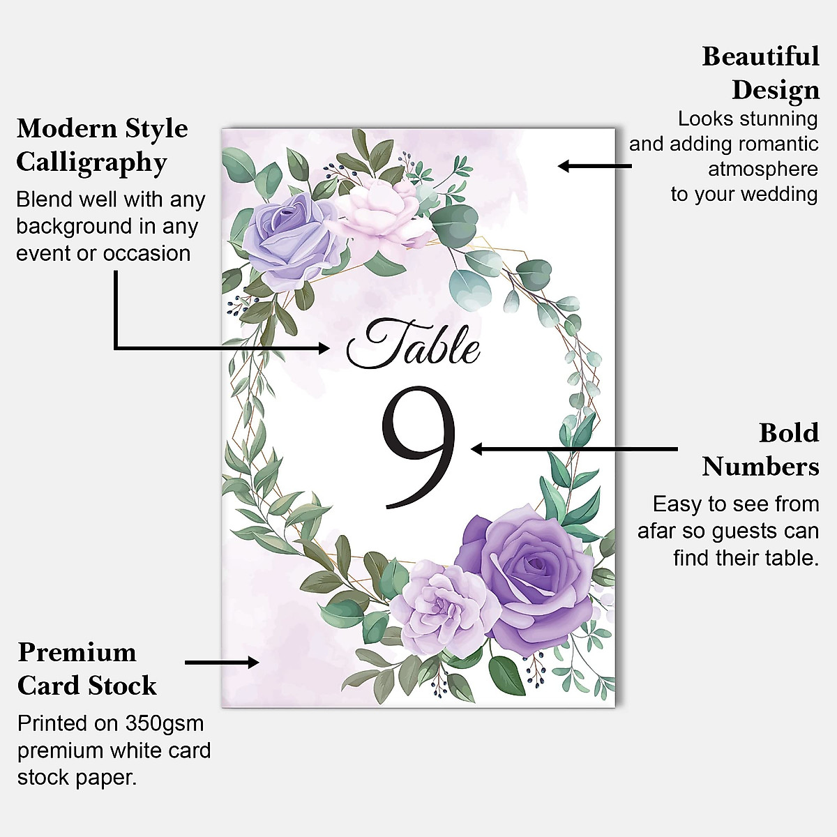 26 Pieces Wedding Table Numbers Cards 1-25 with Head Table Numbers - Purple Roses Double Sided 4x6in - Table Numbers for Wedding Reception/Party/Event