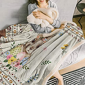Fantasy Staring Easter Bunny Sherpa Fleece Throw Blanket - Farmhouse Easter Eggs Rabbit Spring Flower Fluffy Super Soft Microfiber Blanket Fuzzy Blanket for Couch Bed Sofa 50 x 80 Inches