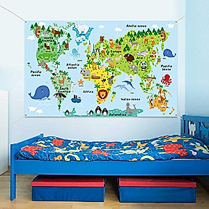 World Map Backdrop Animal Landmarks World Map Tapestry for Kids Educational Cartoon Animals World Background Wall Hanging for Nursery Bedroom Living Room Classroom Dorm or Animals Party Decorations