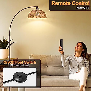 Rattan Floor Lamp- Arc Floor Lamp Boho with Remote and Stepless Dimmable Bulb, 70" Black Arched Standing Floor Lamp with 360° Adjustable Rattan Lampshade, Farmhouse Over Couch Lamp for Living Room