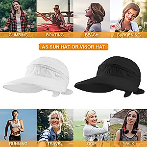 MEINICY Womens Sun Visor Hat Wide Brim, 2 in 1 Zip-Off Sun UV Protection Foldable Adjustable Visors Beach Hats for Women (2 Pack Black+White)
