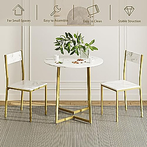 Masupu Small Round Dining Table Set for 2, Wood Marbled Tabletop with Steel Frame, Modern Dinette with Chairs for Kitchen Breakfast Nook Living Room, White and Gold
