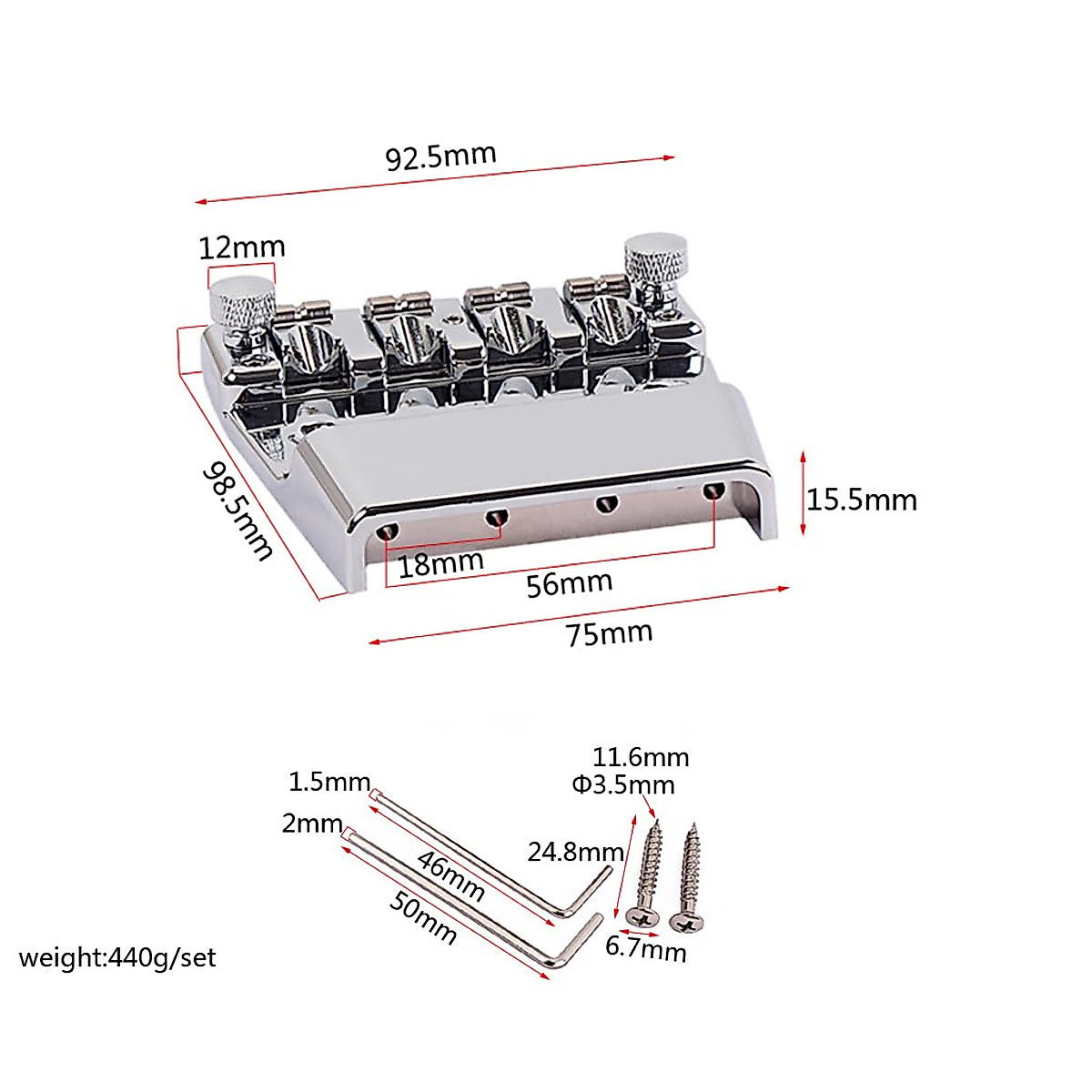Fixed Metal Bass Guitar Bridge 4 String with Tool Set Hardtail Saddle Bridge for Rickenbacker Guitar parts
