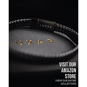 LUXAR Men’s Genuine Interwoven Black Leather Braided Bracelet | Brushed Black Stainless Steel Clasp | Large (7-7½ Inch Wrist) | Male Jewelry
