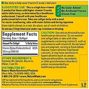 Nature Made Extra Strength Vitamin D3 5000 IU (125 mcg), Dietary Supplement for Bone, Teeth, Muscle and Immune Health Support, 90 Softgels, 90 Day Supply