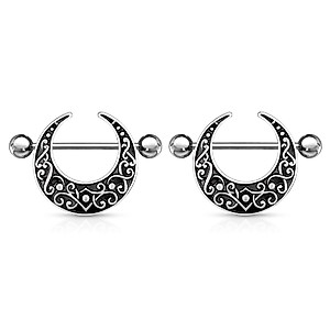 Pierced Owl Vintage Filigree Crescent Moon Nipple Shields, Sold as a Pair (Antique Silver Tone)