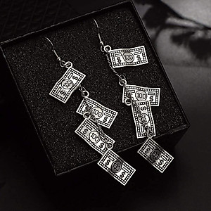 YOOE Cute 100 Dollar Bill Money Currency Dangle Earrings.Punk hiphop Paper Cash Drop Earrings.Antique Silver Gold For Women Jewelry (Silver)