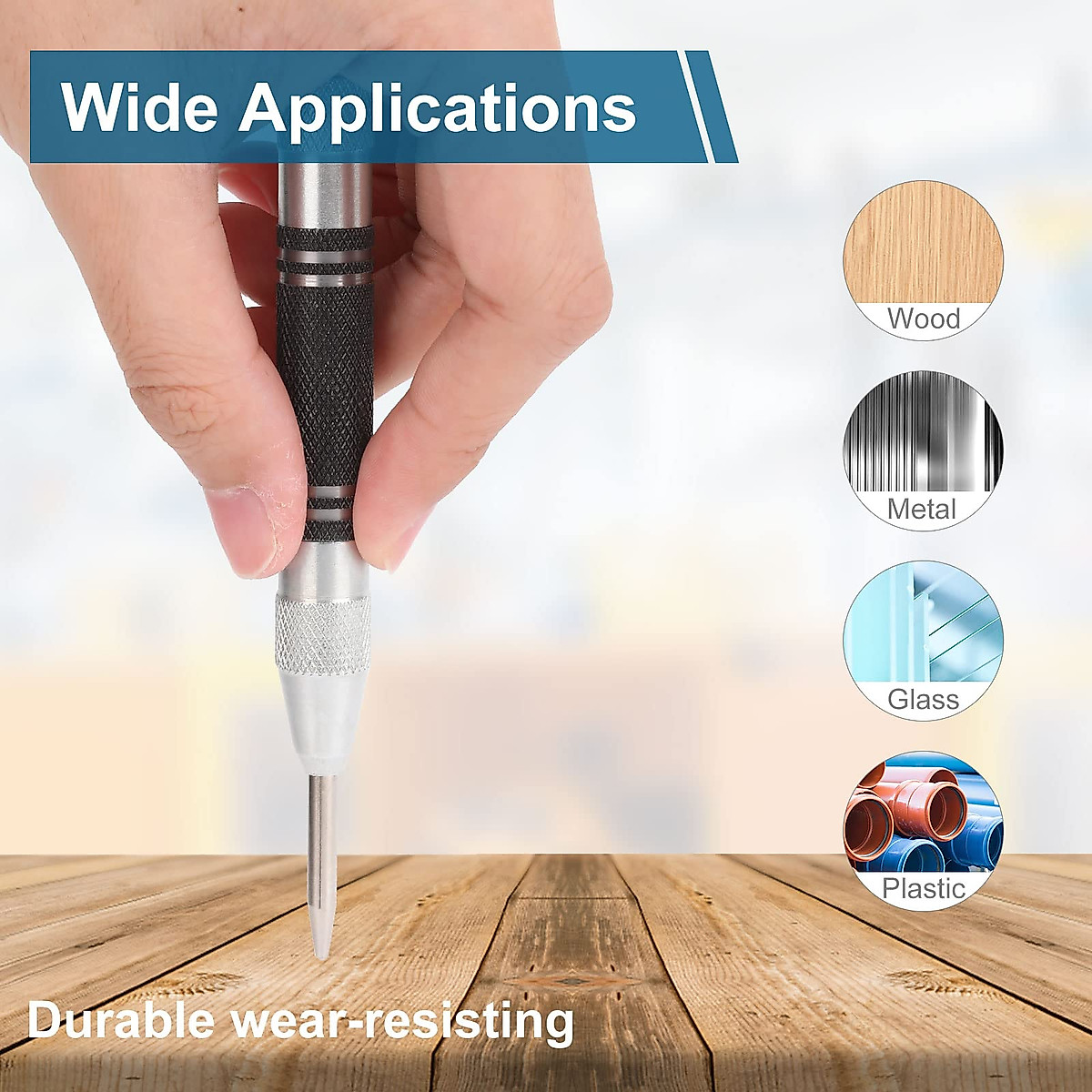 2Pcs Heavy Duty Automatic Center Punch, 5'' Premium Steel Spring Loaded Center Hole Punch, Adjustable Spring Impact Center Marker Scriber Tool for Metel, Plastics, Wood, Glass by karmiero