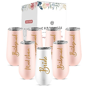 CARAKNOTS Bridesmaid Proposal Gifts Bridesmaid Cups Set of 7 Wedding Champagne Flutes for Bridal Shower Engagement Bachelorette Party Favor Maid of Honor Pink Stainless Steel Tumbler 6 oz