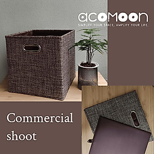 ACOMOON, 4 Pack, Odor-free, 11 Inch, Polyester, Shiny Imitation Linen, Collapsible Fabric Storage Bins, Cube Storage Organizer Featuring Metal Handles, Storage Baskets for Shelves (Dark brown)