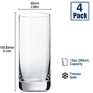 Highball Drinking Glasses Set of 4, Lead-Free Water Glasses. 13oz Tall Drink Glasses for Tom Collins, Mojito, Mixed Drink. kitchen and bar Cocktail Glass Cups Set-, Clear Glassware Sets