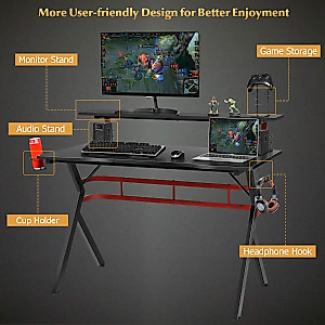 Tangkula Gaming Desk, Professional Gamer Workstation with Cup Holder, Headphone Hook, Handle Rack, Ergonomic PC Gaming Table with Monitor Stand, E Sports Computer Desk Table for Home, Office (Black)