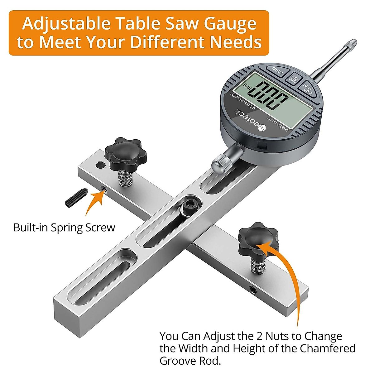Neoteck 0-1'' Digital Dial Indicator Table Saw Gauge Suitable for Table Saws with a Groove Width of 3/4" (19mm) or more for Aligning and Calibrating Work,Shop Machinery,Band Saw and Drill Press-Silver
