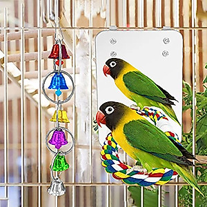Eeaivnm 7 Inch Pet Bird Mirror Swing Parrot Cage Toys with Rope Perch, Parrot Parakeet Mirror with Bird Swing Bell Toys for Parakeet Cockatoo Cockatiel Conure Lovebirds Finch Canaries