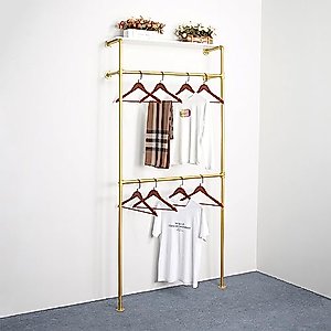 OUBITO Industrial Pipe Clothing Rack,Commercial Grade Pipe Clothes Racks,Heavy Duty Wall Mounted Closet Storage Rack,Hanging Clothes Retail Display Rack Garment rack,Gold 1 Board With Crossbar