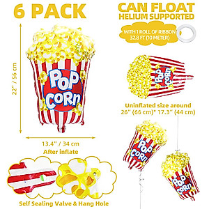 Big Popcorn Balloon Movie Night Party Decoration Carnival Circus Party Supplies, 6 Pack Cartoon Movie Popcorn Balloons Food Mylar Balloons For Happy Birthday Baby Shower Bridal Wedding Supplies
