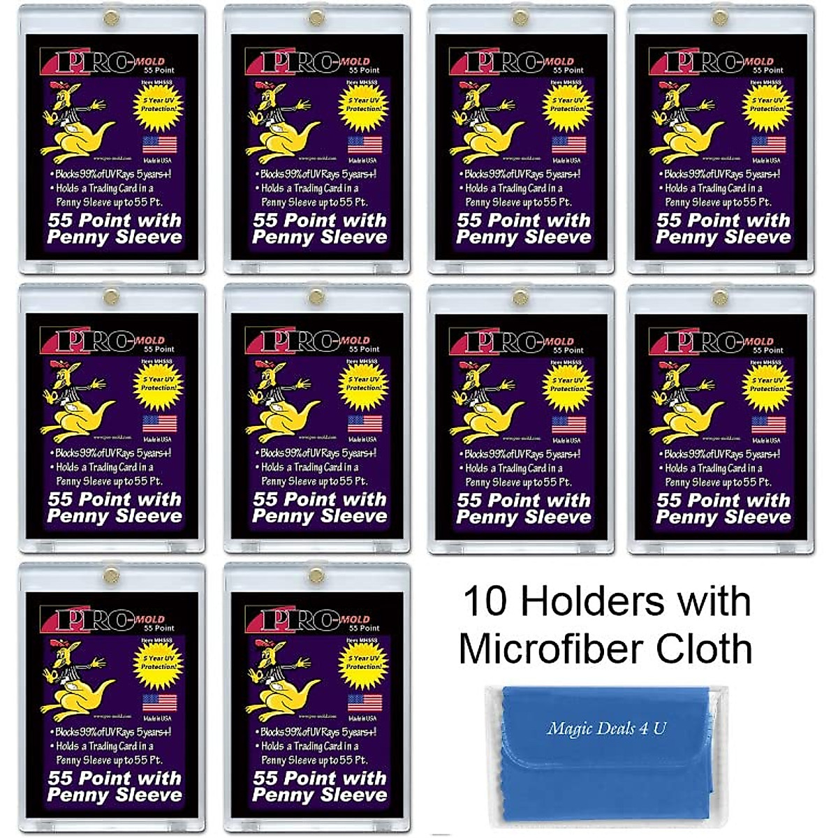 10-Count Pro-Mold 55pt. Magnetic ONE-Touch Card Holders Holds Sleeved Card MH55S (with Microfiber Cloth)