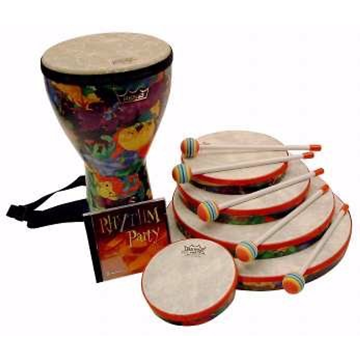Percussion Set: 5 Hand Drums, 1 Djembe, and 1 Rhythm Party CD