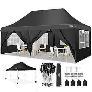 COBIZI 10x20 Pop up Canopy with 6 Removable Sidewalls, Outdoor Canopy Tents for Parties Wedding, Instant Sun Protection Shelter with Upgrade Raised Roof and Carry Bag, with Extra 4 Sandbags