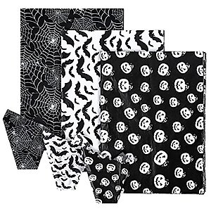 Whaline 90 Sheet Halloween Tissue Paper Black White Wrap Tissue Paper with Cobweb Bat Ghost Pumpkin Pattern Autumn Gift Wrapping Paper for Fall Halloween Party Gift Packing DIY Craft, 13.8 x 19.7In