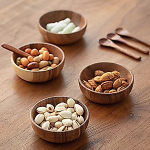 muso wood 3.9" Acacia Wood Bowl, Small Wooden Sauce Bowl for Party, Serving Bowls for Nuts, Salad, Appetizer, Condiments, Snacks (FREE 4 Wood Spoons, Set of 4)