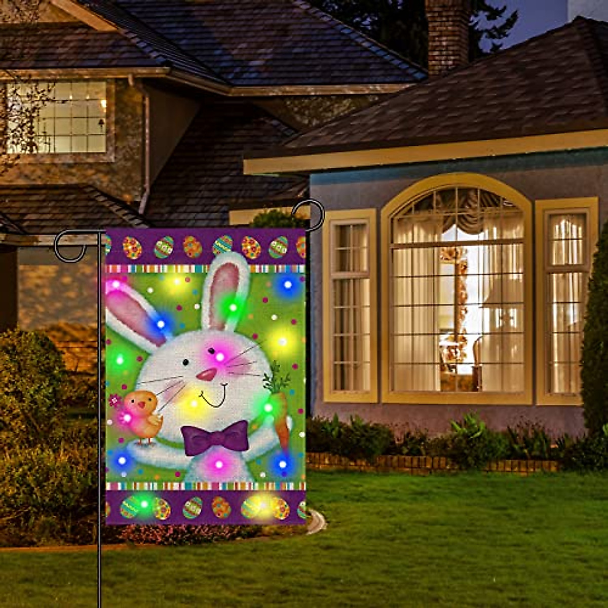 Easter Lighted Garden Flag 12x18 Double Sided Easter Garden Flag with led Lights Vertical Easter Bunny Rabbit Yard Flag for Spring Easter Garden Yard Outdoor Decorations