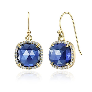 Jupiter Natural Sapphire Gemstone Earrings - 14k Gold Plated Genuine Gemstone Dangle Women Earrings, 10mm Natural Sapphire, Sapphire Dangle Earrings Gifts