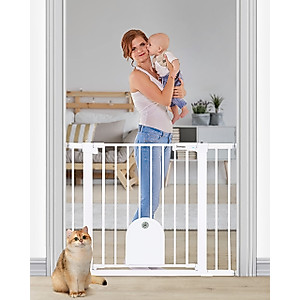 Newnice 40.6" -29.7" Auto Close Baby Gate with Small Cat Door, Easy Walk Thru & Durable Dog Pet Gates for Stairs, Doorway, House, Pressure Mounted Safety Child Gate Includes 4 Wall Cups