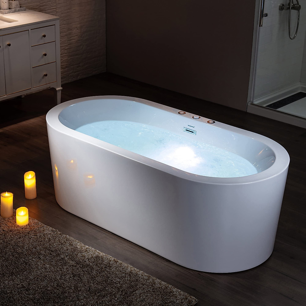 WOODBRIDGE 66-1/2" x 31-7/8" Whirlpool Water Jetted and Air Bubble Freestanding Heated Soaking Combination Bathtub, BJ200