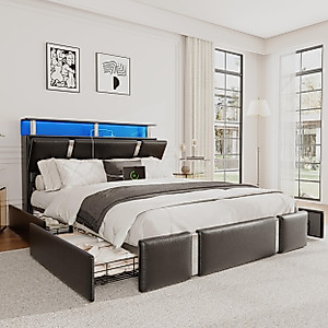 Fameill Queen Bed Frame with 4 Drawers & Storage Headboard, Modern Upholstered Faux Leather Platform Bed with LED Lights, Charging Station, No Box Spring Needed, Black