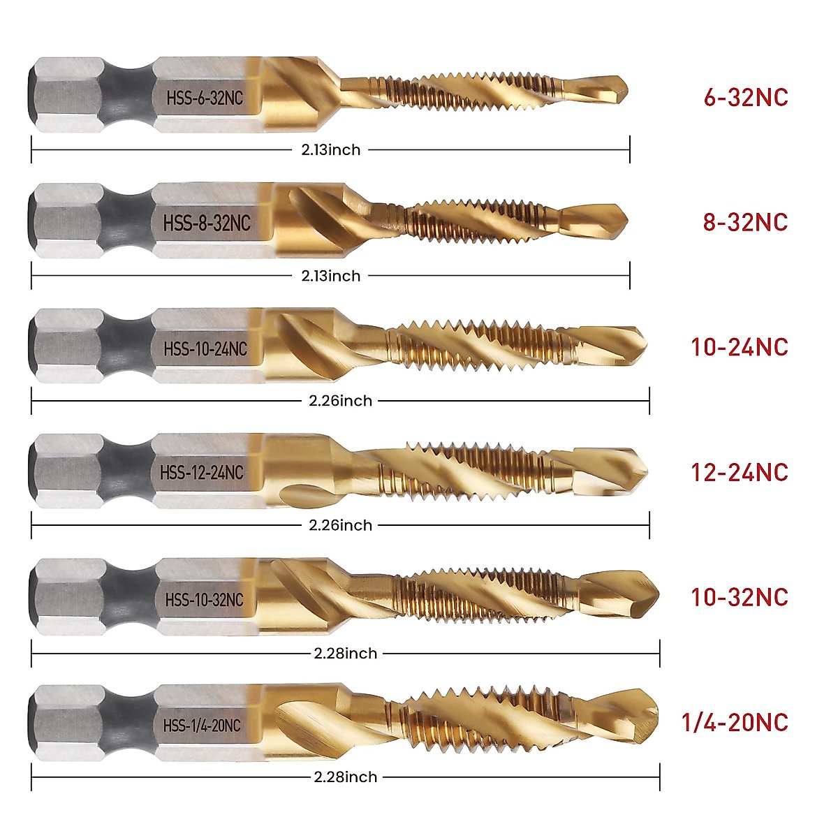 AIMLENTOOL 6PCS Combination Drill and Tap Bit Set, 3-in-1 Titanium Coated HSS Screw Tapping Bit for Drilling, Tapping and Deburring, SAE Size 6-32NC to 1/4-20NC, 1/4" Hex Shank and Storage Case