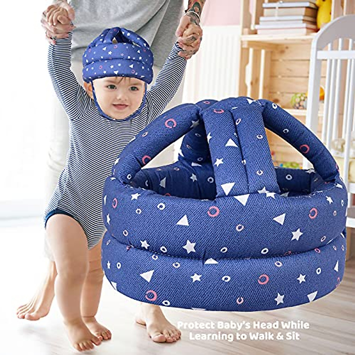 Baby Safety Helmet, Infant Baby Head Protector with 3 Pairs Baby Knee Pads for Crawling & 3 Pairs Baby Socks, Head Cushion Bumper Bonnet, Soft Headguard for Toddler Learning to Walk, Geometric Blue