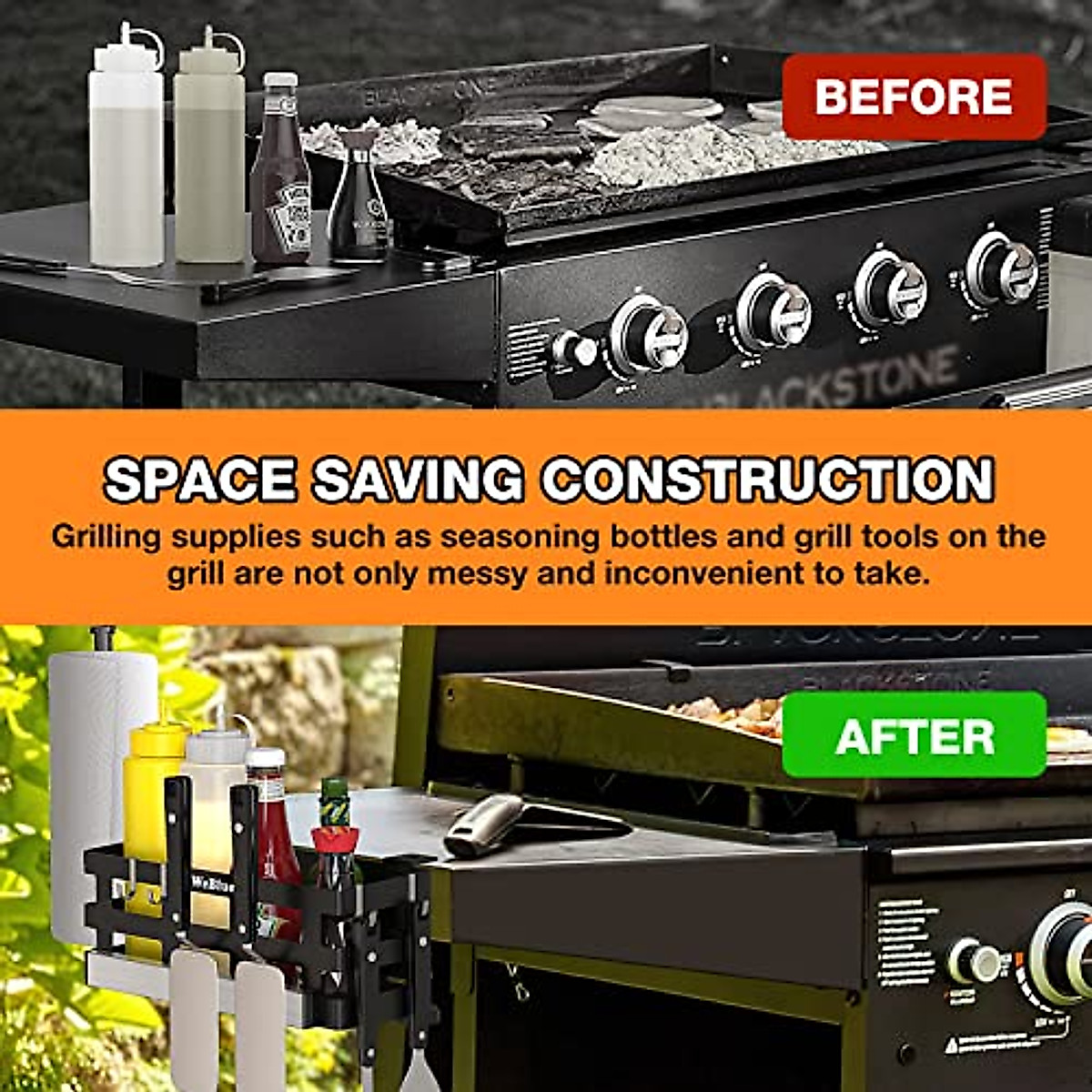 Griddle Caddy for 28"-36" Griddles/Prep Cart with Double Magnetic Tool Holder&Paper Towel Holder&6 J-Hooks, Space Saving Grill Accessories Storage Caddy, BBQ Accessories Holder for Outdoor Grill