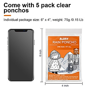 ALBRY Disposable Rain Ponchos for Adults with Drawstring Hood - Emergency Rain Ponchos Family Pack for Women and Men,Clear