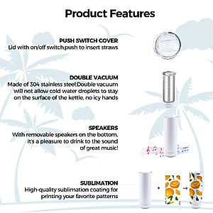 Lilsofee 25 Pack 20 OZ Sublimation Blank Tumblers Bulk Stainless Steels Double Vacuum Music Bluetooth Speaker Tumbler with Lid and Straw Heat Transfer Straight Cup Bulk DIY