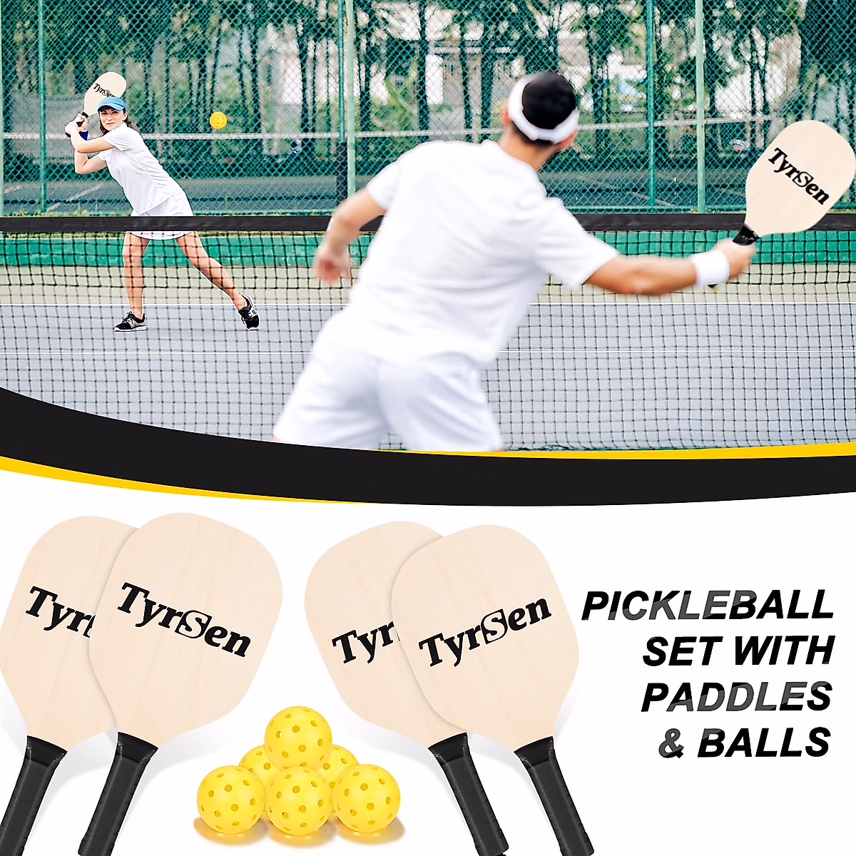 TYRSEN Pickleball Set with Net, 22FT USAPA Regular Size Portable Pickleball Net System for Driveway Backyard, 4 Paddles & 6 Balls, Strong PE Net and Steady Steel Frames for Indoor Outdoor