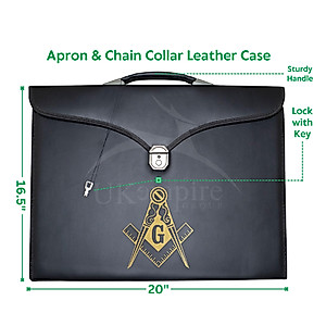 UK EMPIRE GROUP Masonic Apron & Chain Collar Case Leather Master Mason (Printed) MM, Provincial Size – Freemason Carrying Bags (Gold)