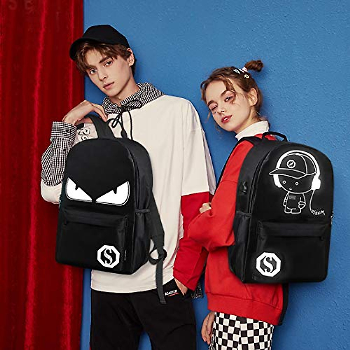 FANDARE Casual Daypack Backpacks Luminous School Bag for Girls Boys Teens Knapsack Women Men Travel Laptop Rucksack College Bookbag fit 15.6 inch Notebook Haversack Waterproof Polyester Black A