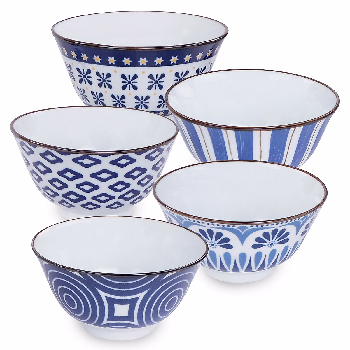Creekview Home Emporium Ceramic Bowl Set - 5pc Blue and White 10oz Glass Small Serving Bowls for Eating or Decoration