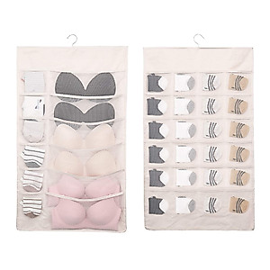 Hanging Mess Pockets Dual Sided Wall Shelf Wardrobe Organizers Storage Bags,Closet Hanging Organizer with 36 Mesh Pockets & Rotating Metal Hanger,for Bra Underwear Underpants Shoes Sock (Beige)