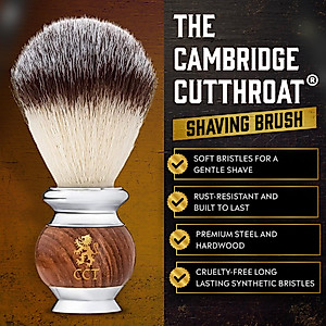 The Cambridge Cut Throat® Luxury Missanda Hardwood and Stainless Steel Men's Shaving Brush for Soap, Foam or Cream with Premium Synthetic Silvertip Vegan Friendly Badger Bristles Male Grooming Present