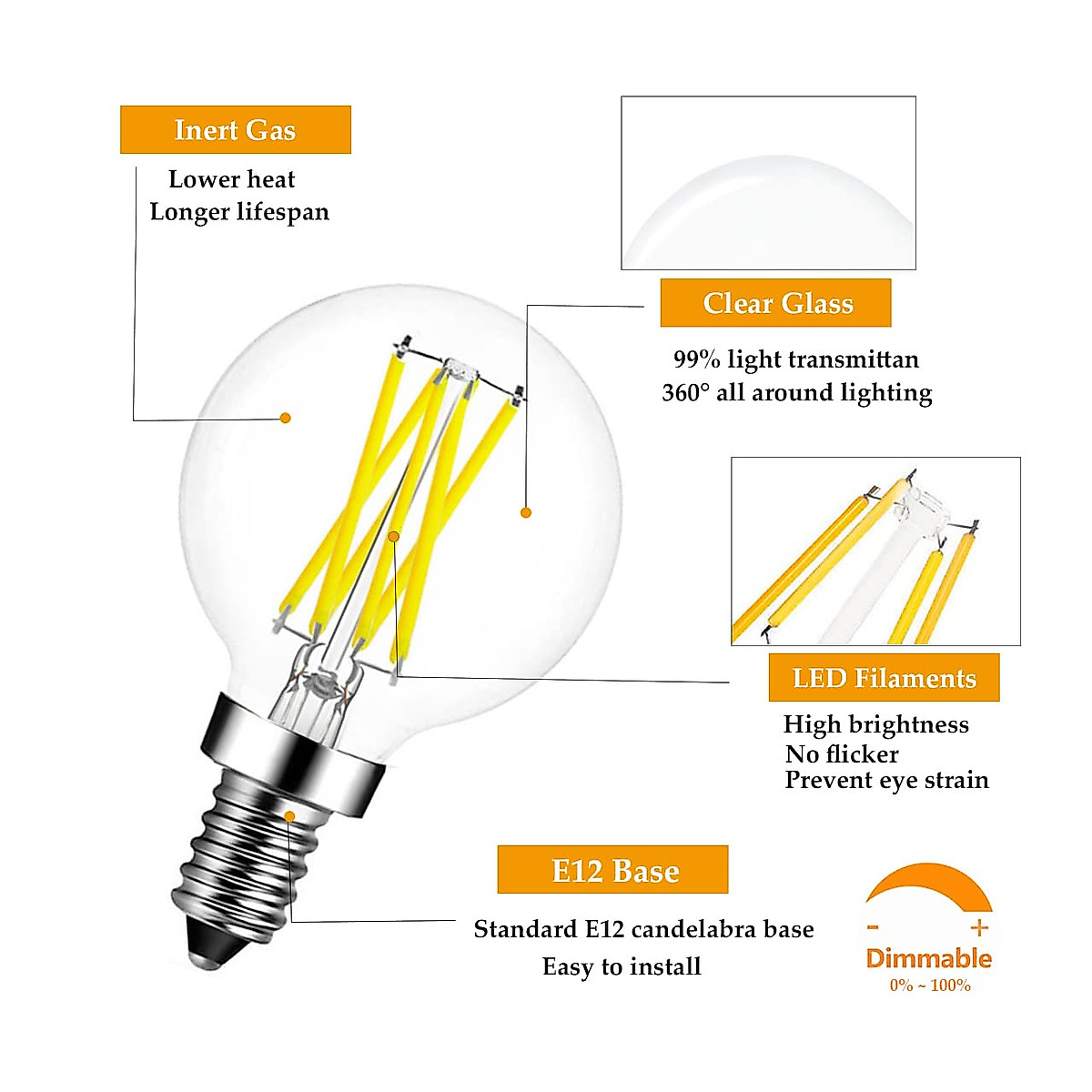 Dimmable E12 Candelabra Base led Edison Bulb, G16.5 Mini Globe Bulb 6W Daylight 5000K 60Watt Equivalent 600lm for Chandeliers,Ceiling Fan and Vanity, 5 Pack
